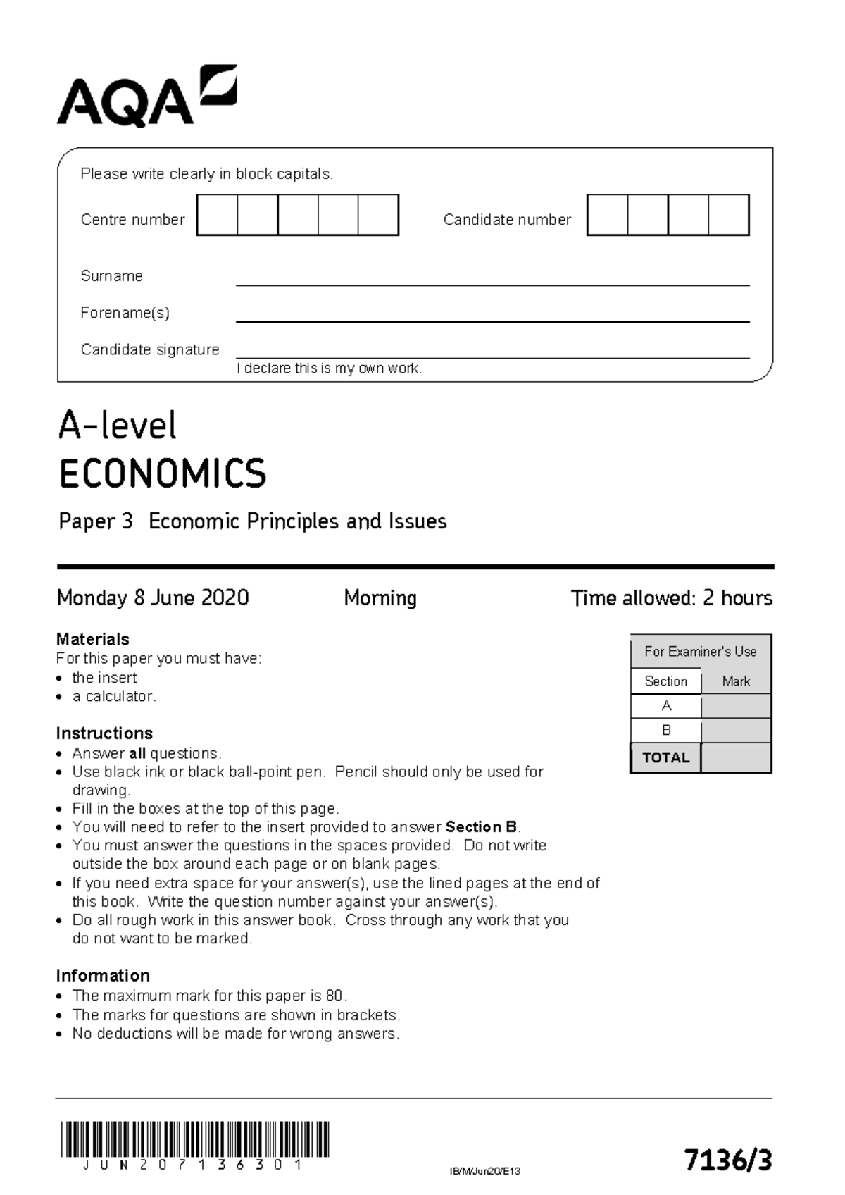 ECONOMICS Paper 3: Economic Principles & Issues June 2020 Exam QP - Studocu
