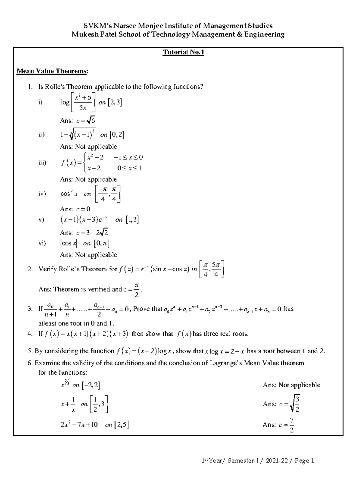 Unit 1 Tutorial Problems - Mukesh Patel School of Technology Management & Engineering Tutorial ...