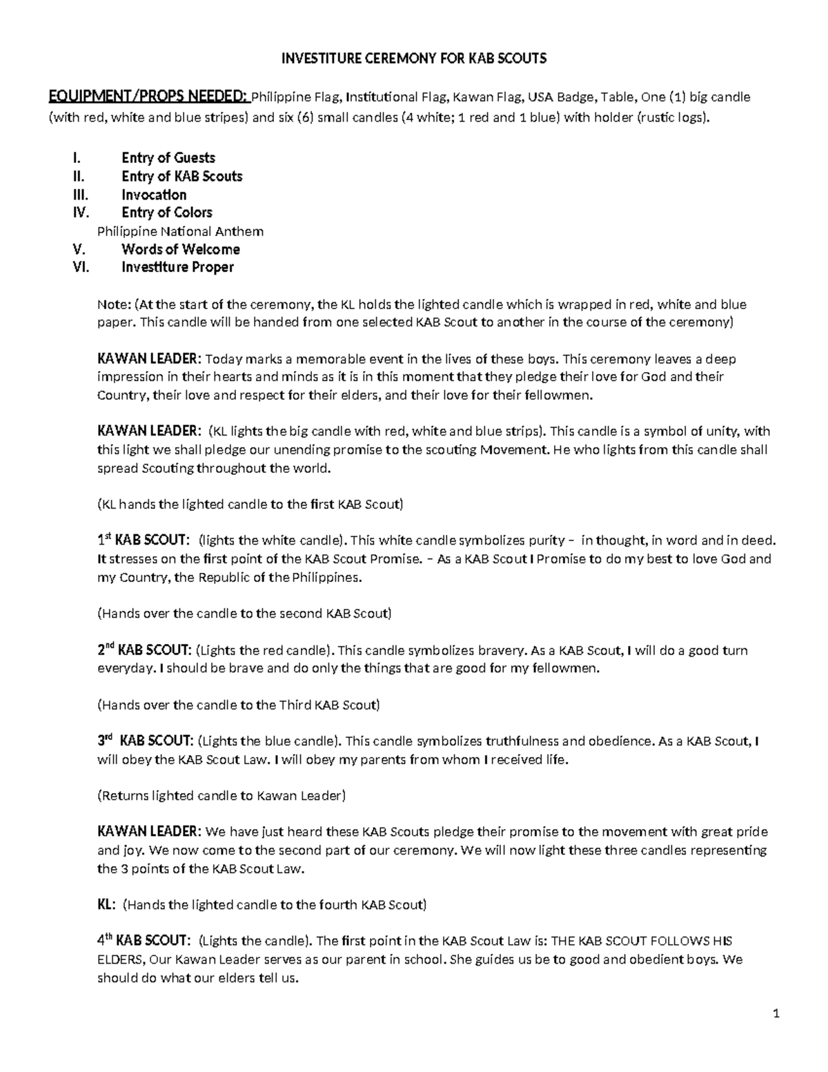 KAB Section Investiture Ceremony: Embracing the Scout Spirit - Studocu