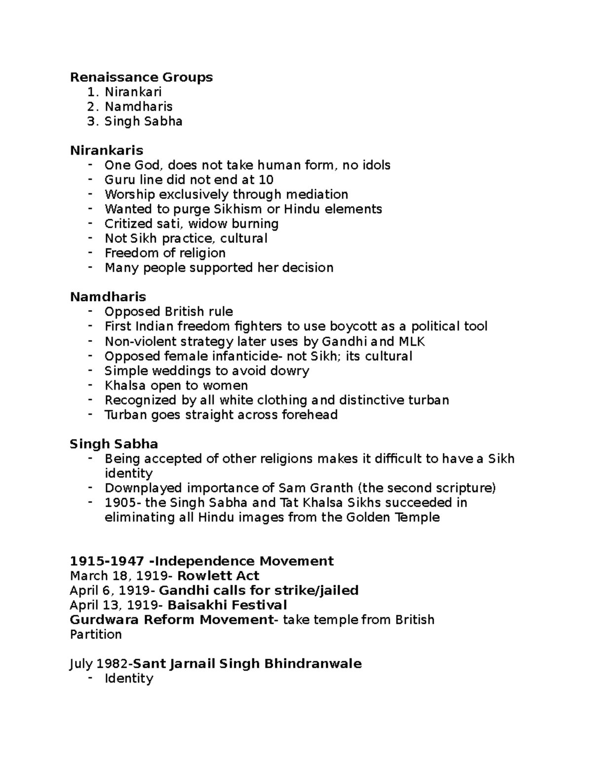 Renaissance Groups - RLGN1100 NOTES - Renaissance Groups 1. Nirankari 2 ...