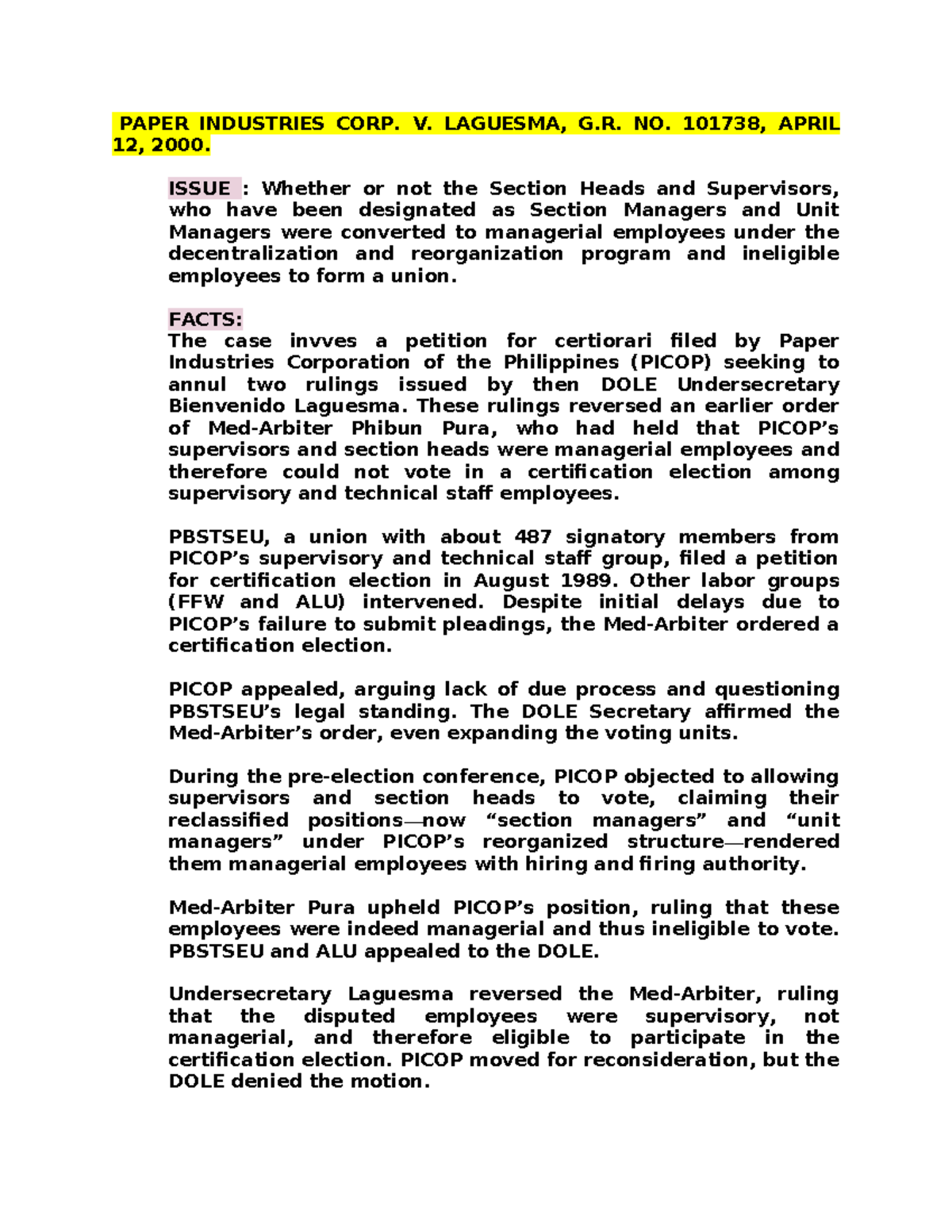 PAPER INDUSTRIES CORP. V. LAGUESMA, G.R. NO. 101738 CASE ANALYSIS - Studocu