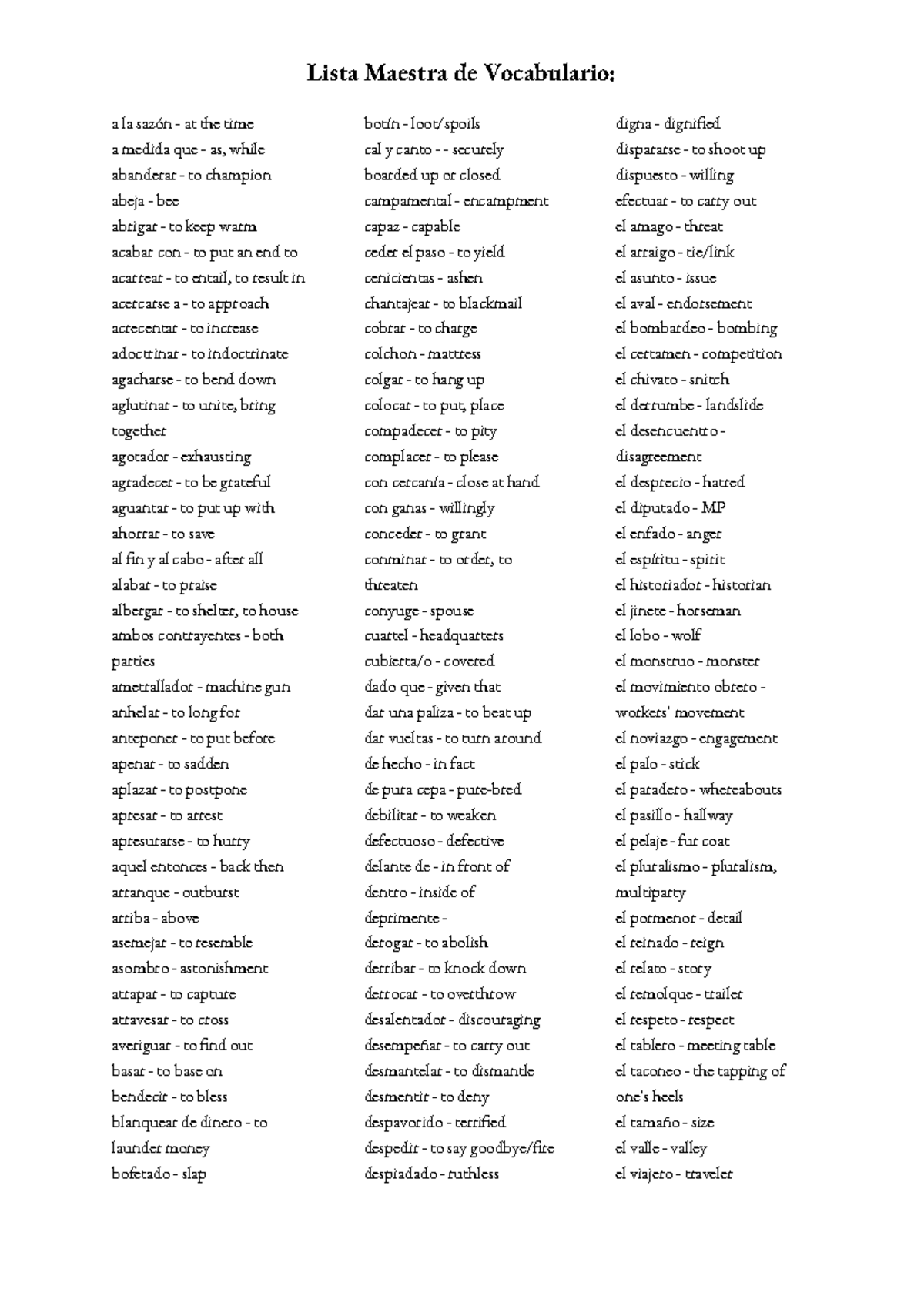 Spanish AQA A-Level Vocab Masterlist: Comprehensive Word List - Studocu
