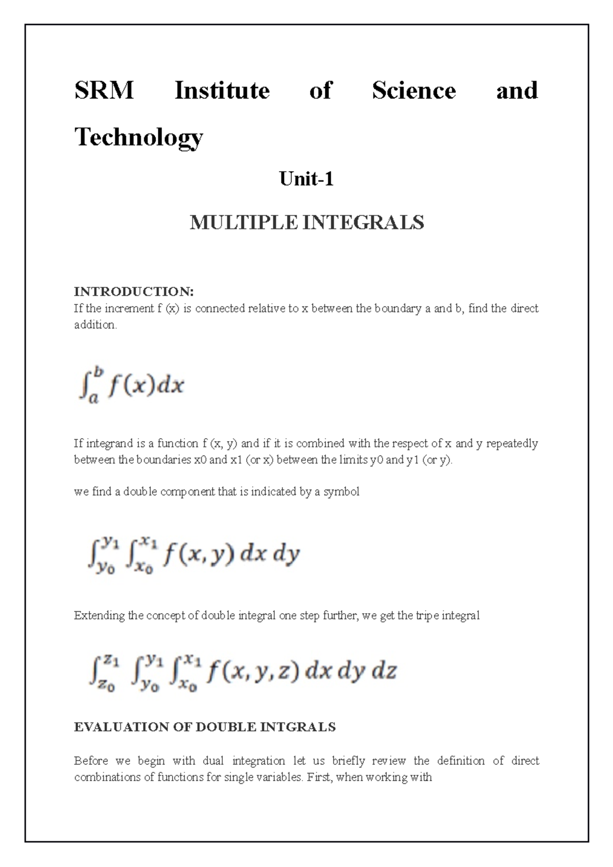 Multiple Integrals Assignment - SRM Institute of Science and Technology ...