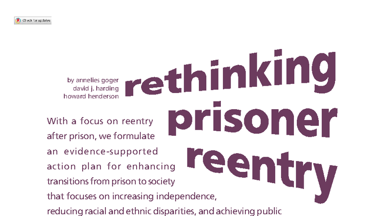 Rethinking Prisoner Reentry: A Policy Framework for Success (CRJ 101 ...
