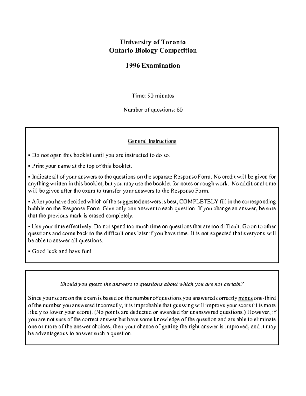 1996 U of T Biology Competition Exam - Instructions & Questions - Studocu