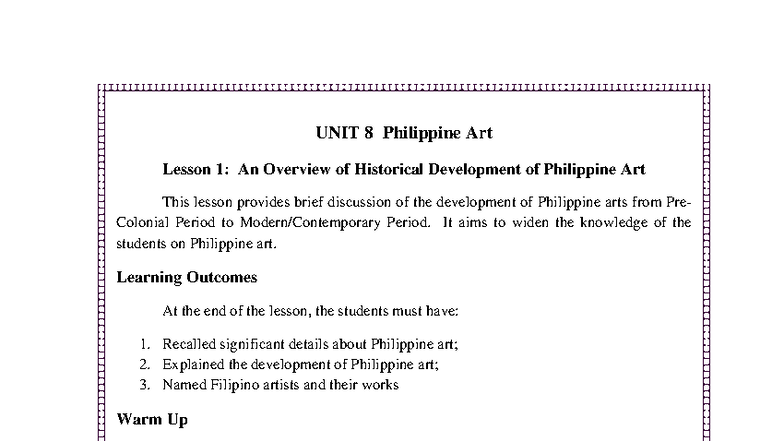 UNIT 8 Lecture: Overview of Historical Development of Philippine Art - Studocu