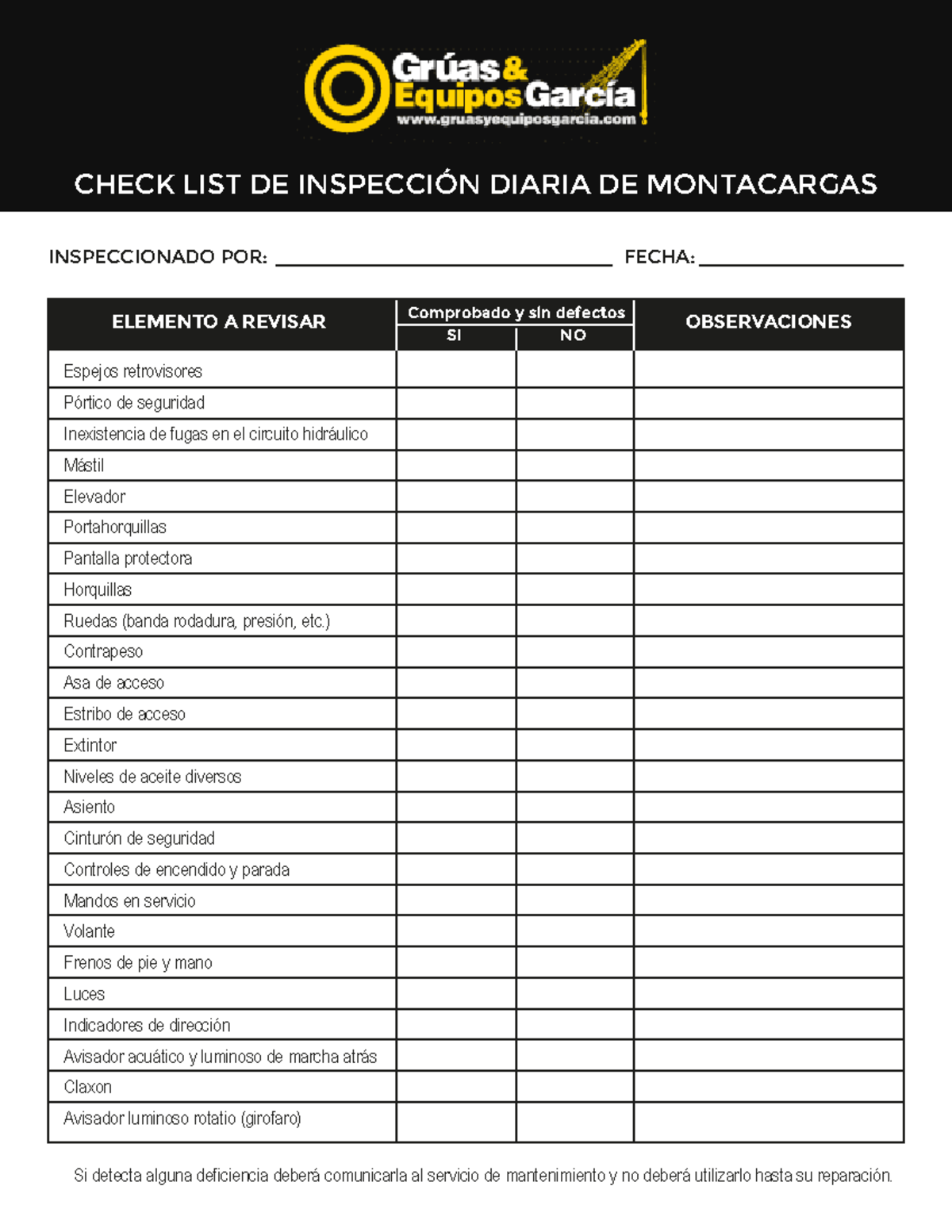Checklist-montacargas - CHECK LIST DE INSPECCIÓN DIARIA DE MONTACARGAS ... Checklist-montacargas - CHECK LIST DE INSPECCIÓN DIARIA DE MONTACARGAS ...