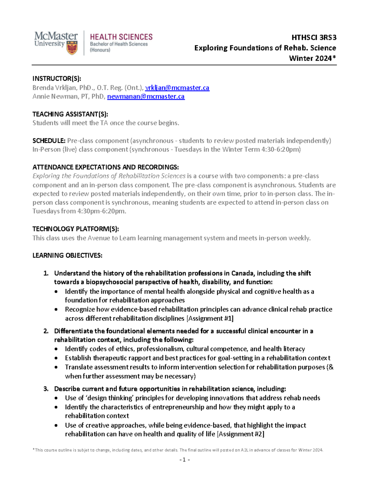 HTHSCI 3RS3 Course Outline: Foundations of Rehabilitation Science ...