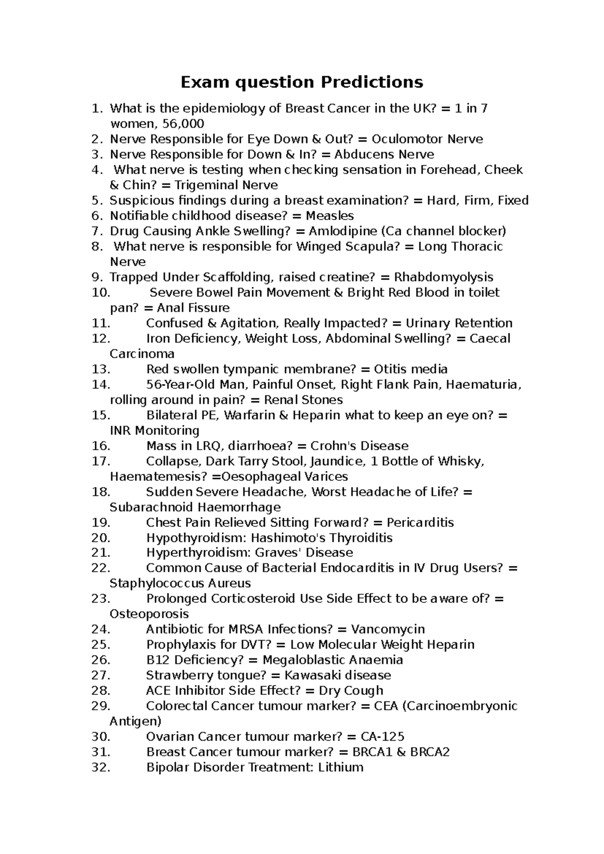 PA 101: Past Exam Questions & Predictions on Medical Conditions - Studocu