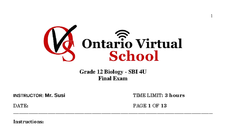 Final Exam for Grade 12 Biology - SBI4U (3-Hour Duration) - Studocu