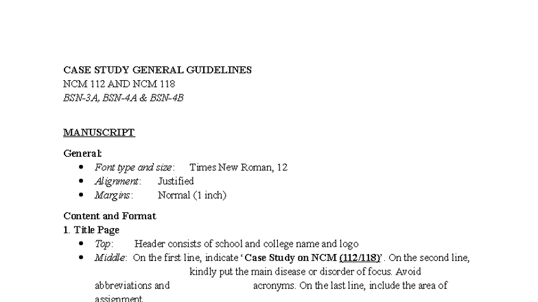 Case Study Guidelines for NCM 112 & NCM 118 Manuscript - Studocu