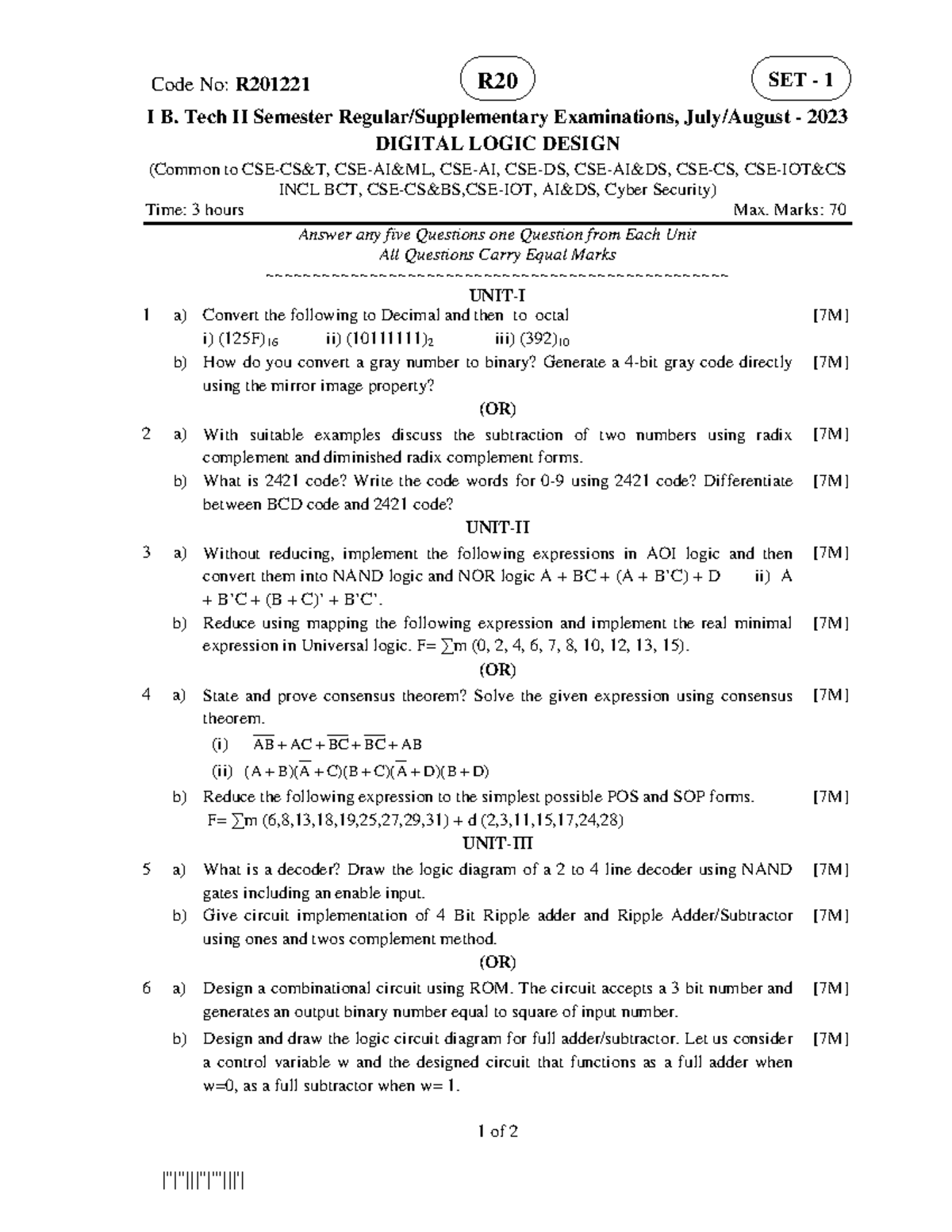 Digital Logic Design Previous Year Question Paper R20 - July/August ...