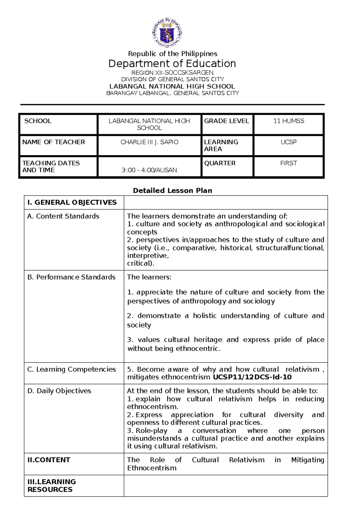Detailed Lesson Plan on Cultural Relativism (Grade 11 HUMSS) - Studocu