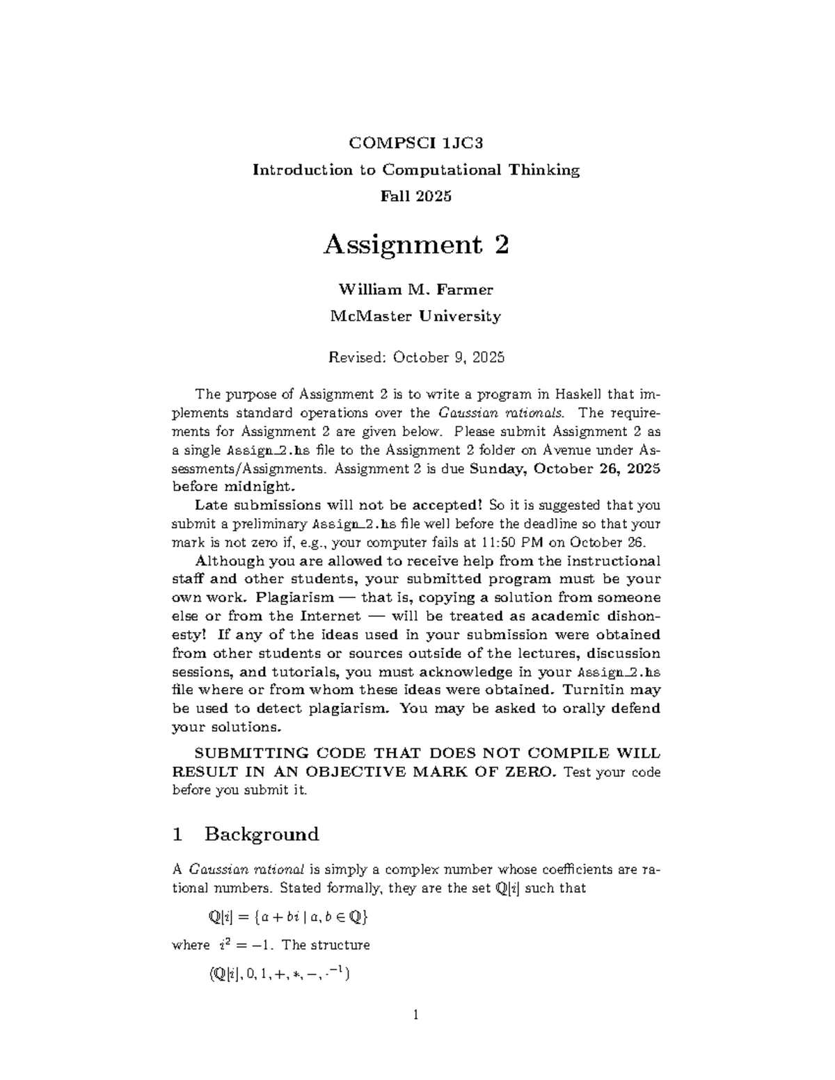 COMPSCI 1JC3 Fall 2025 Assignment 2: Haskell Gaussian Rationals - Studocu