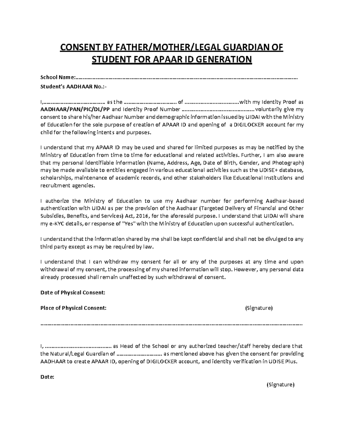 Consent Form for Guardian of Student for APAAR ID Generation - Studocu
