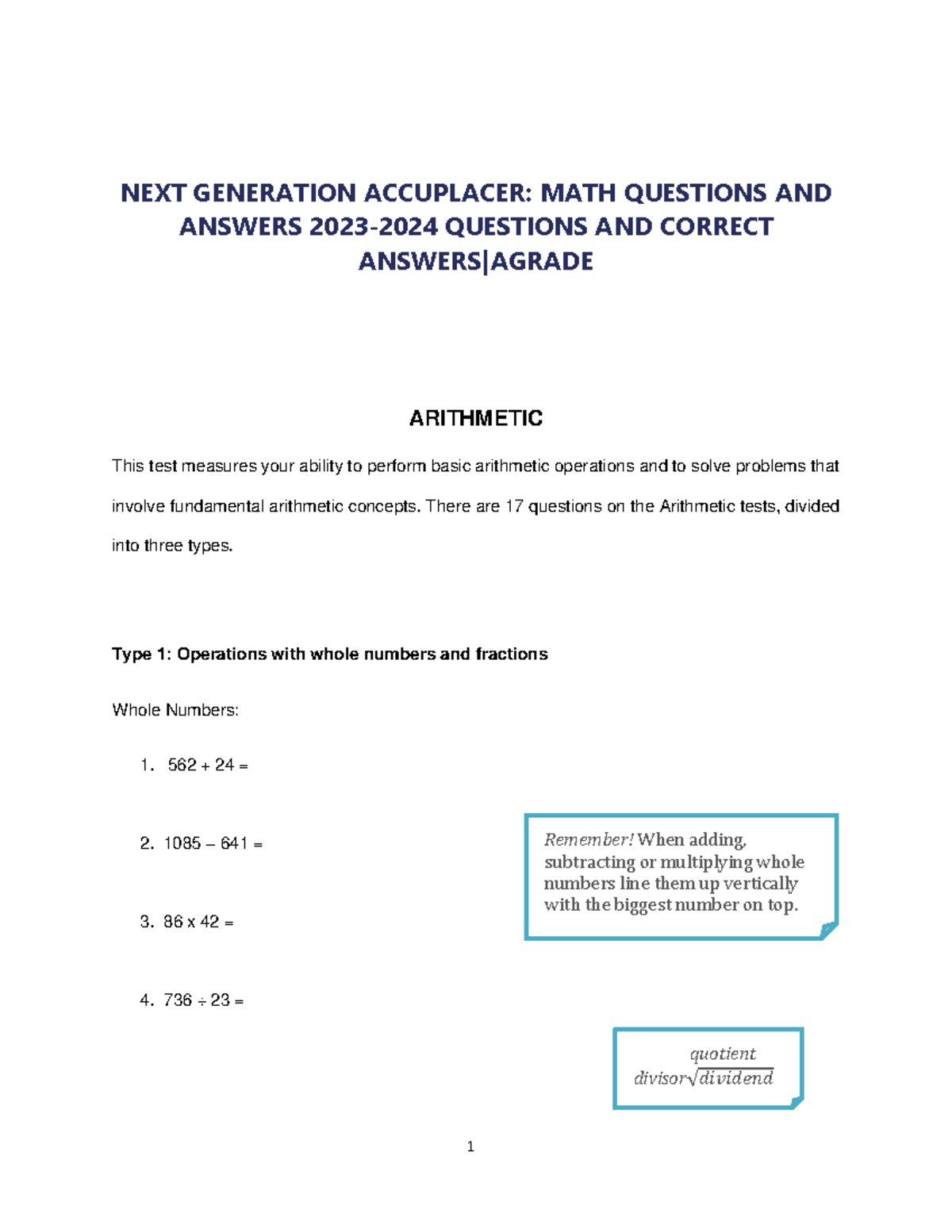 Accuplacer Math Review - quotient divisor√𝑑𝑖𝑣𝑖𝑑𝑒𝑛𝑑 NEXT GENERATION ...