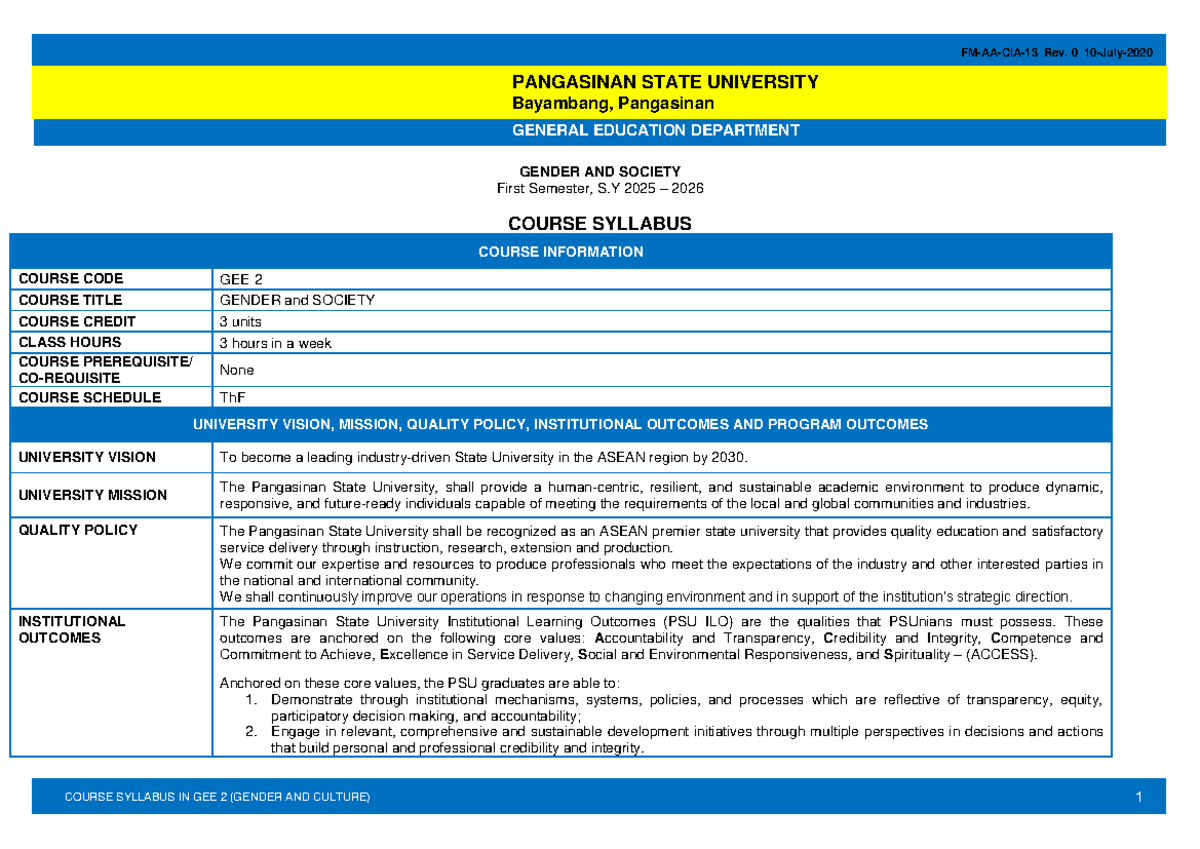 GEE 2 - Gender and Society Course Syllabus (PSU) 2025-2026 - Studocu