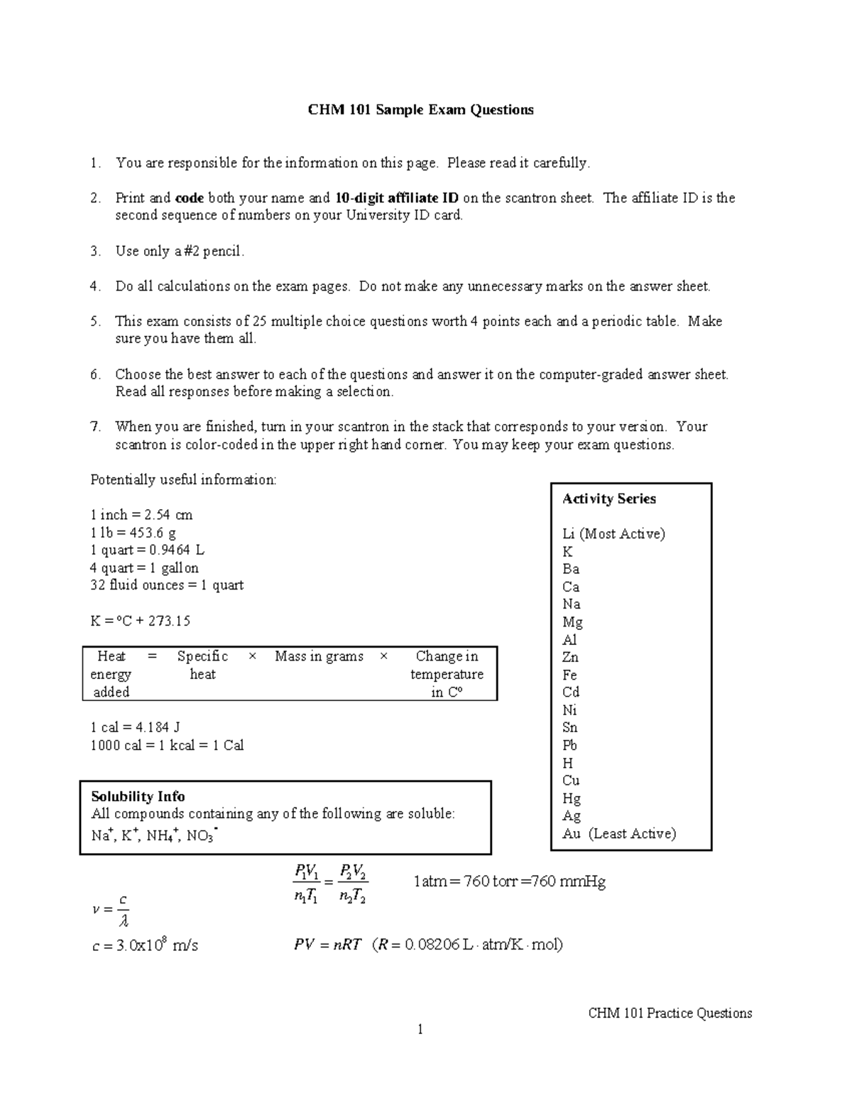 CHM 101 Sample Exam: Practice Questions for First-Year Physics - Studocu