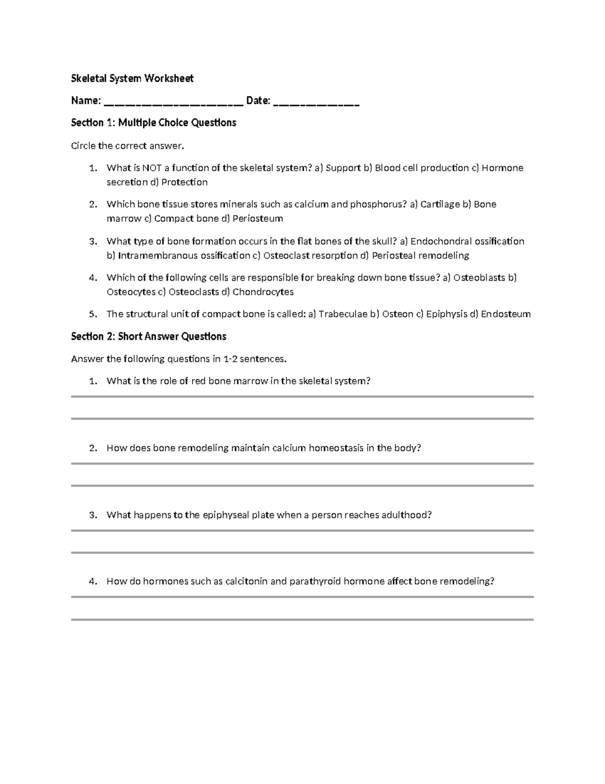 Skeletal System Worksheet (BIO101) - MCQs, Short Answers & Activities ...