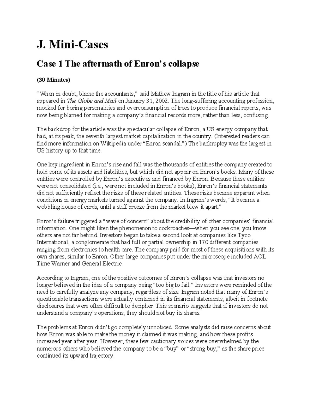 Case Study: The Enron Collapse and Its Aftermath (J. Case 1) - Studocu