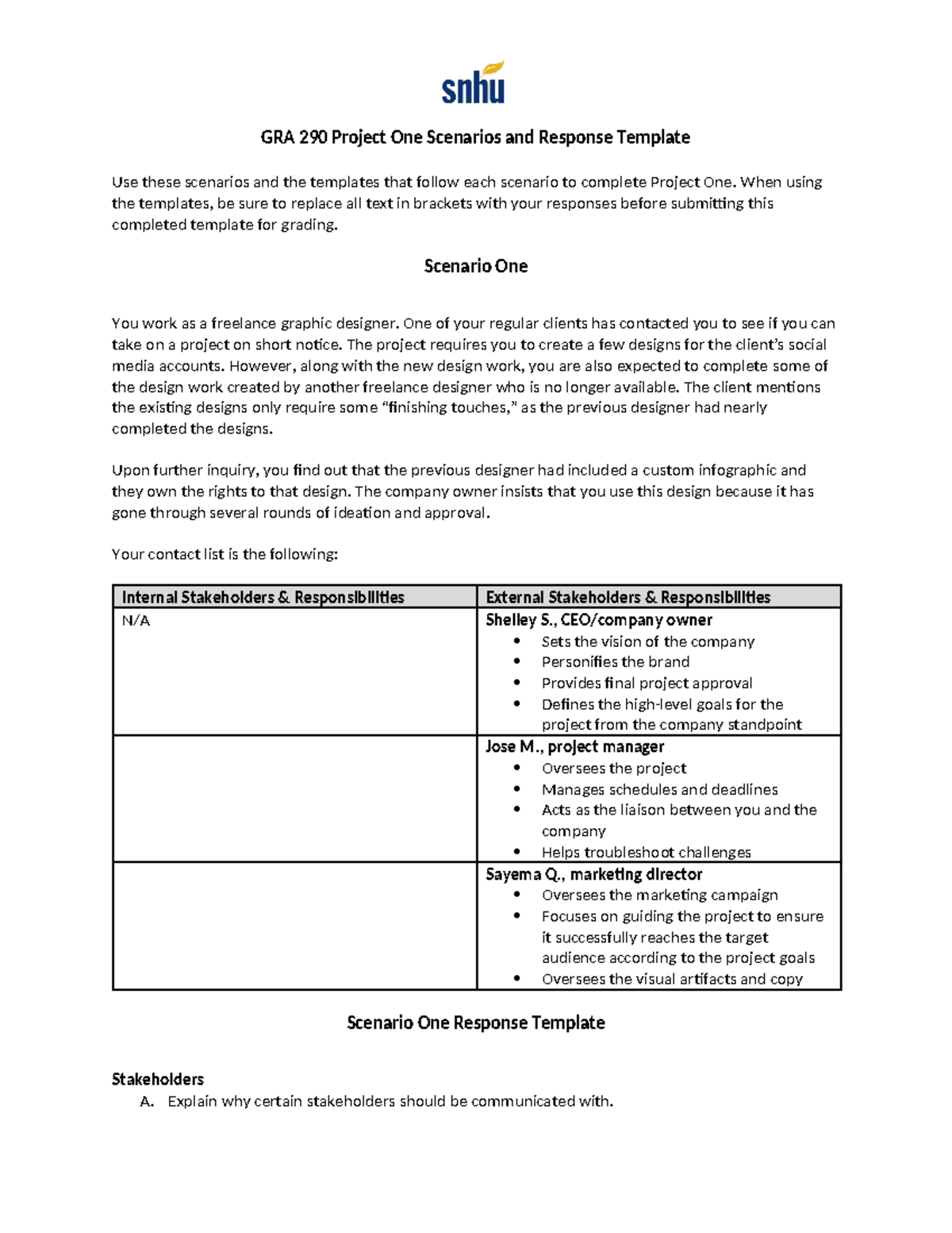 GRA 290 Project One: Scenarios and Communication Responses Template ...