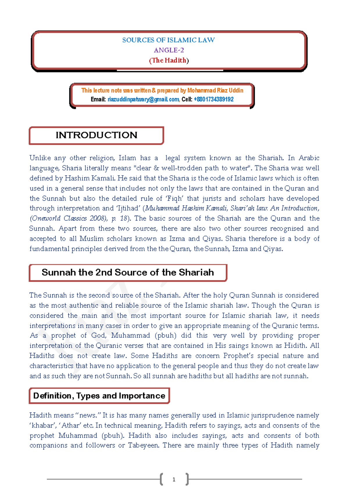 ISL 101: Sources of Islamic Law - Understanding the Hadith - Studocu