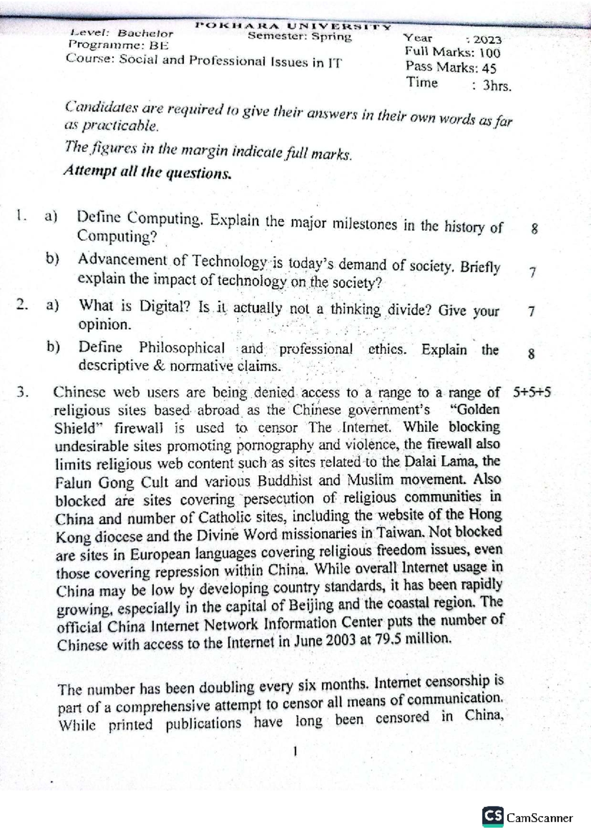 Social and Professional Issues in IT - BE Semester Spring 2023 Exam ...