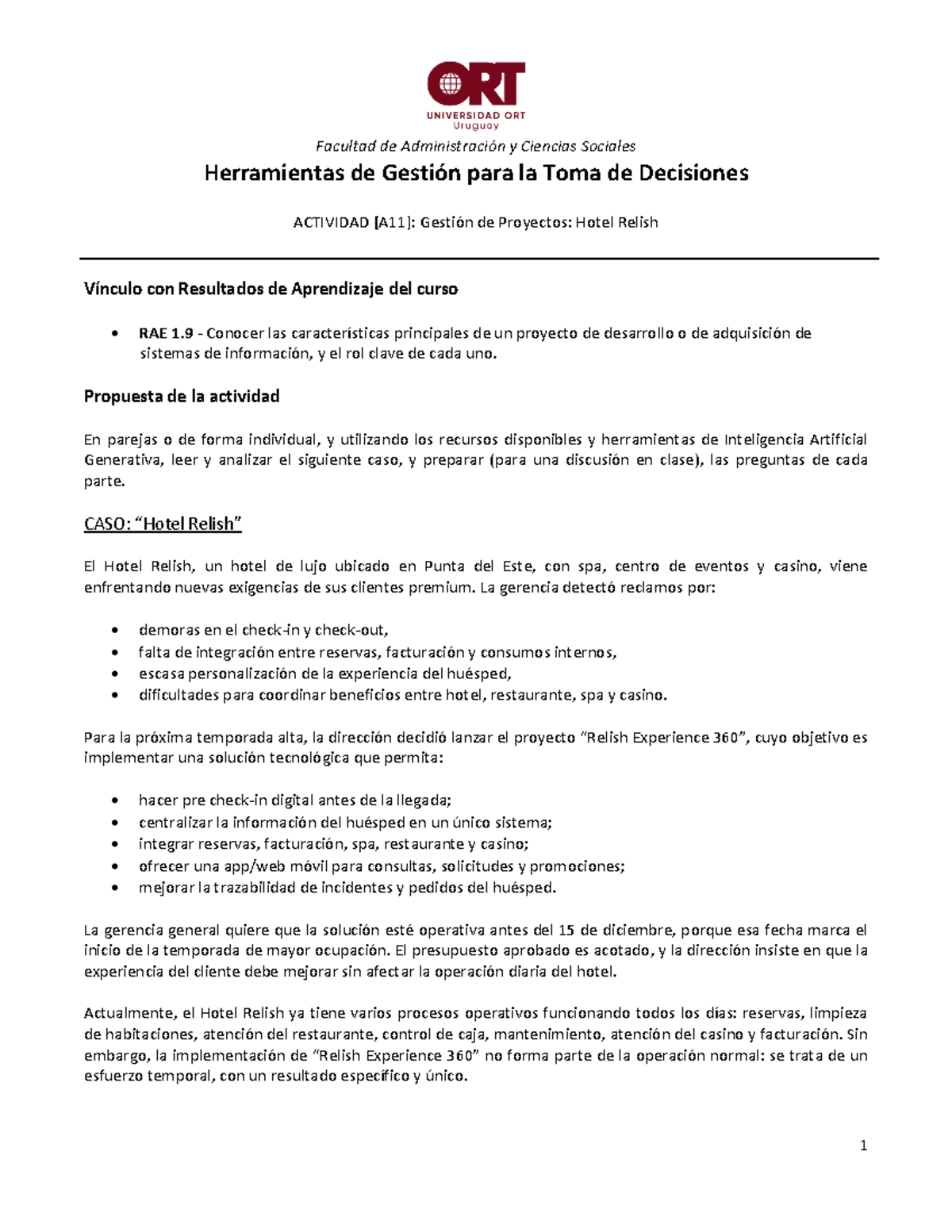 Gestión de Proyectos: Caso Hotel Relish - RAE 1.9 - Studocu