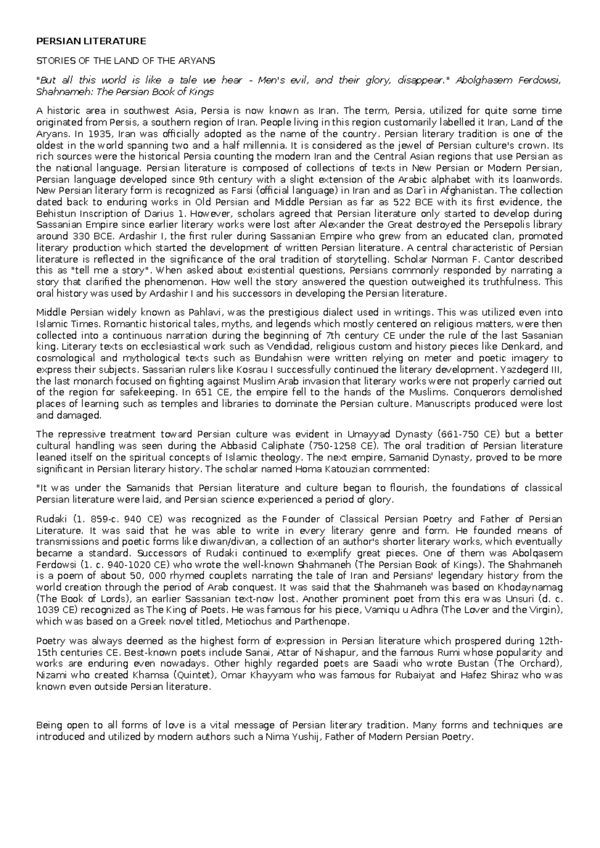 Persian Literature Lecture: Stories of the Land of the Aryans - Studocu