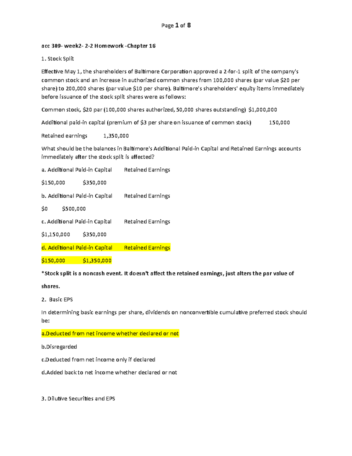 Acc 309 - Week 2 Homework - Stock Split & EPS Analysis in Chapter 16 - Studocu