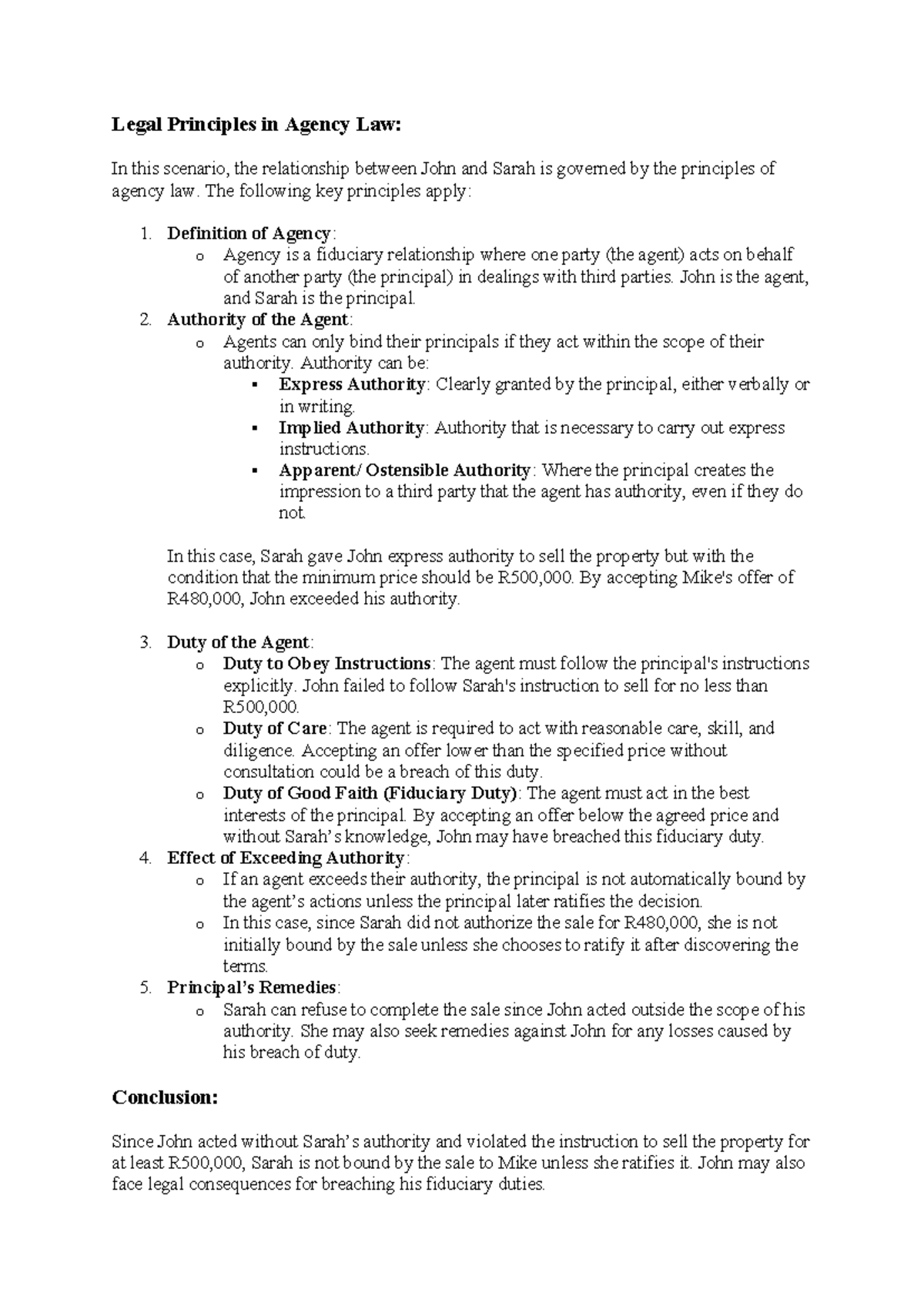 Legal Principles in Agency Law: Key Concepts and Case Analysis - Studocu