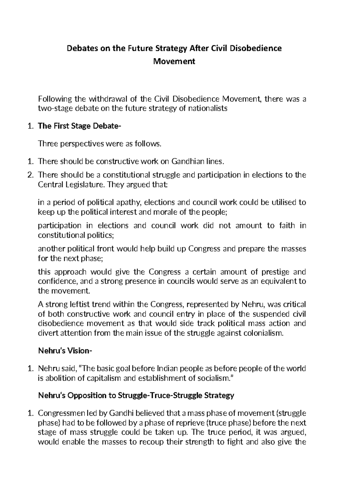 Debates on Future Strategy Post-Civil Disobedience Movement A2 - Studocu
