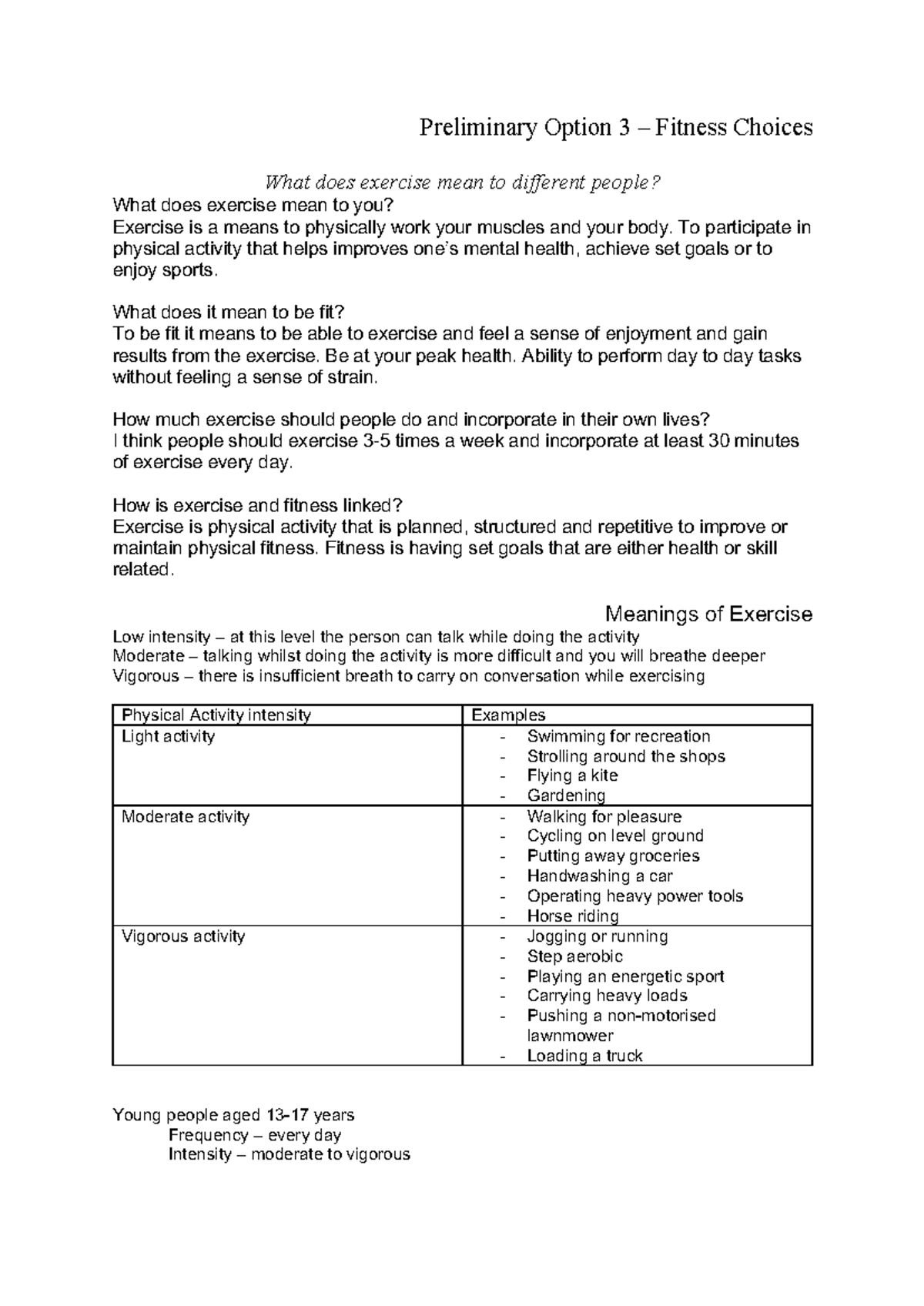 Preliminary Option 3 - Understanding Fitness Choices and Exercise - Studocu