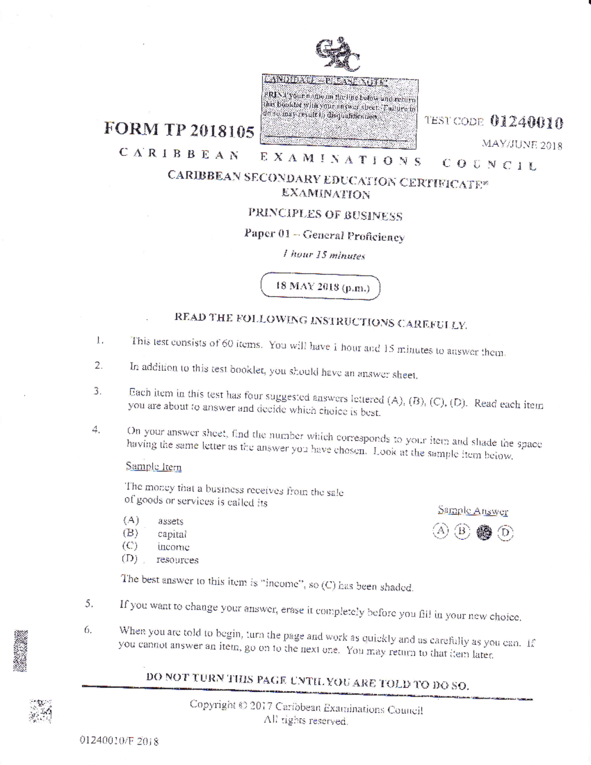 CSEC-POB-P1-Final Exam-May 2018 Test Paper (60 Items) - Studocu