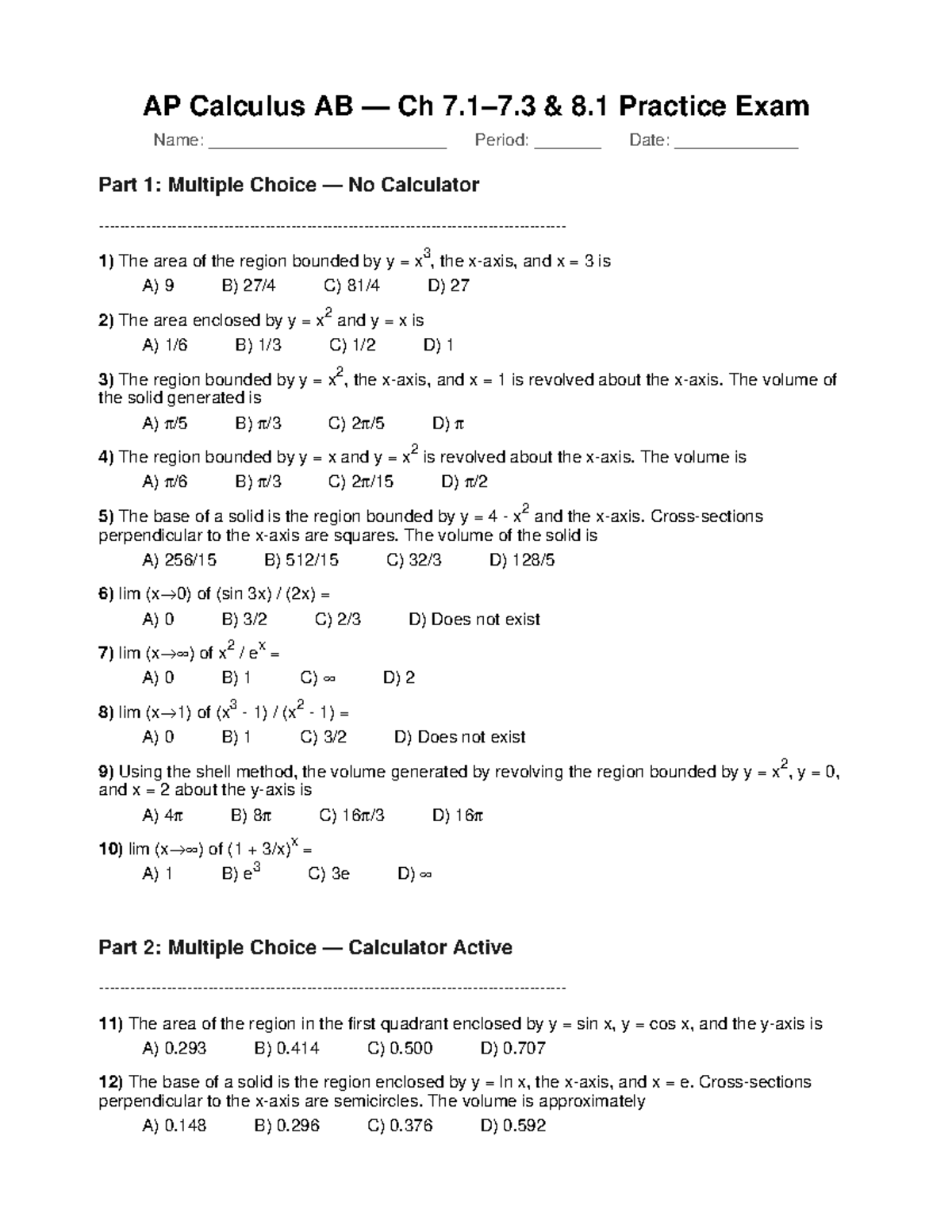 AP Calculus AB Ch 8.1 Practice Exam Review and Solutions - Studocu