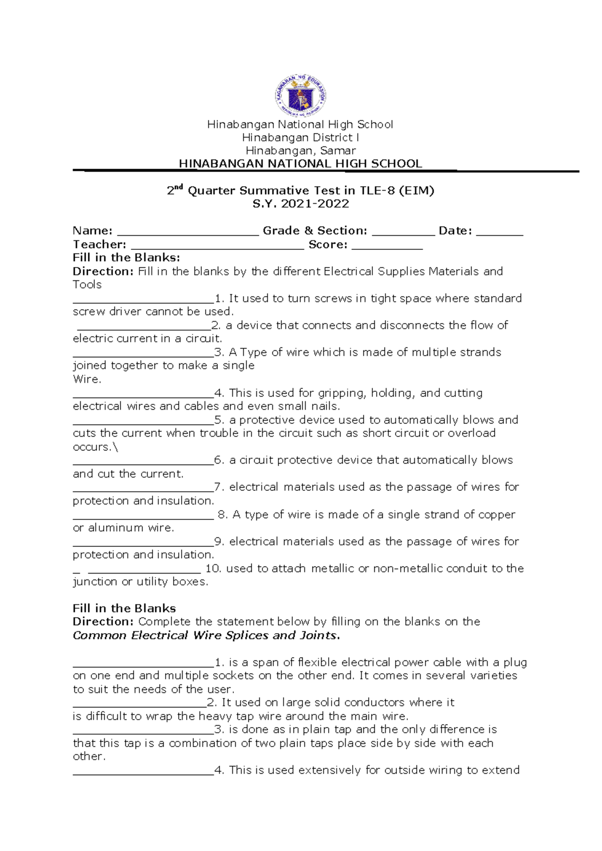 2nd Quarter Summative test in TLE-8 (EIM) - 2021- Name ...