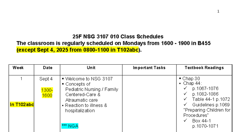25F NSG 3107 010 Class Schedule & Required Readings - Studocu
