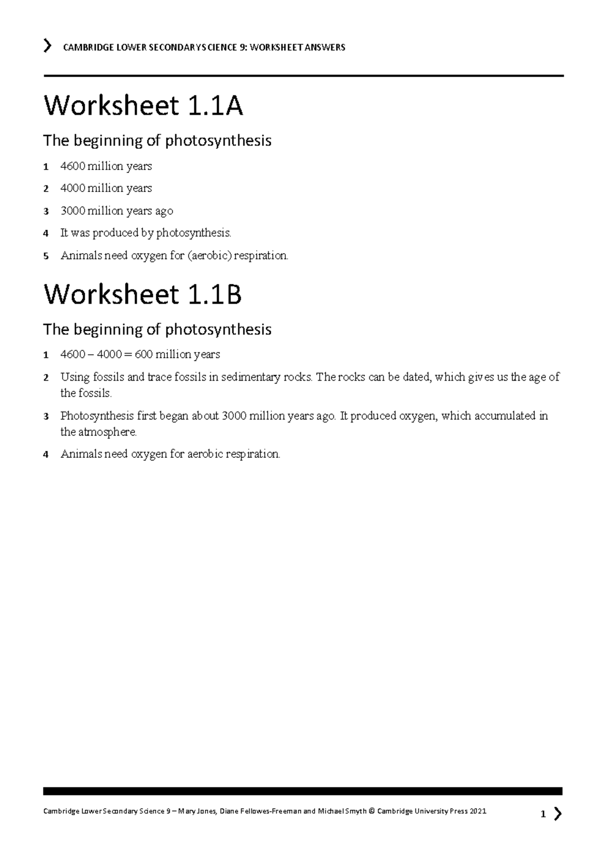 CAMBRIDGE LOWER SECONDARY SCIENCE 9: WORKSHEET ANSWERS - Studocu