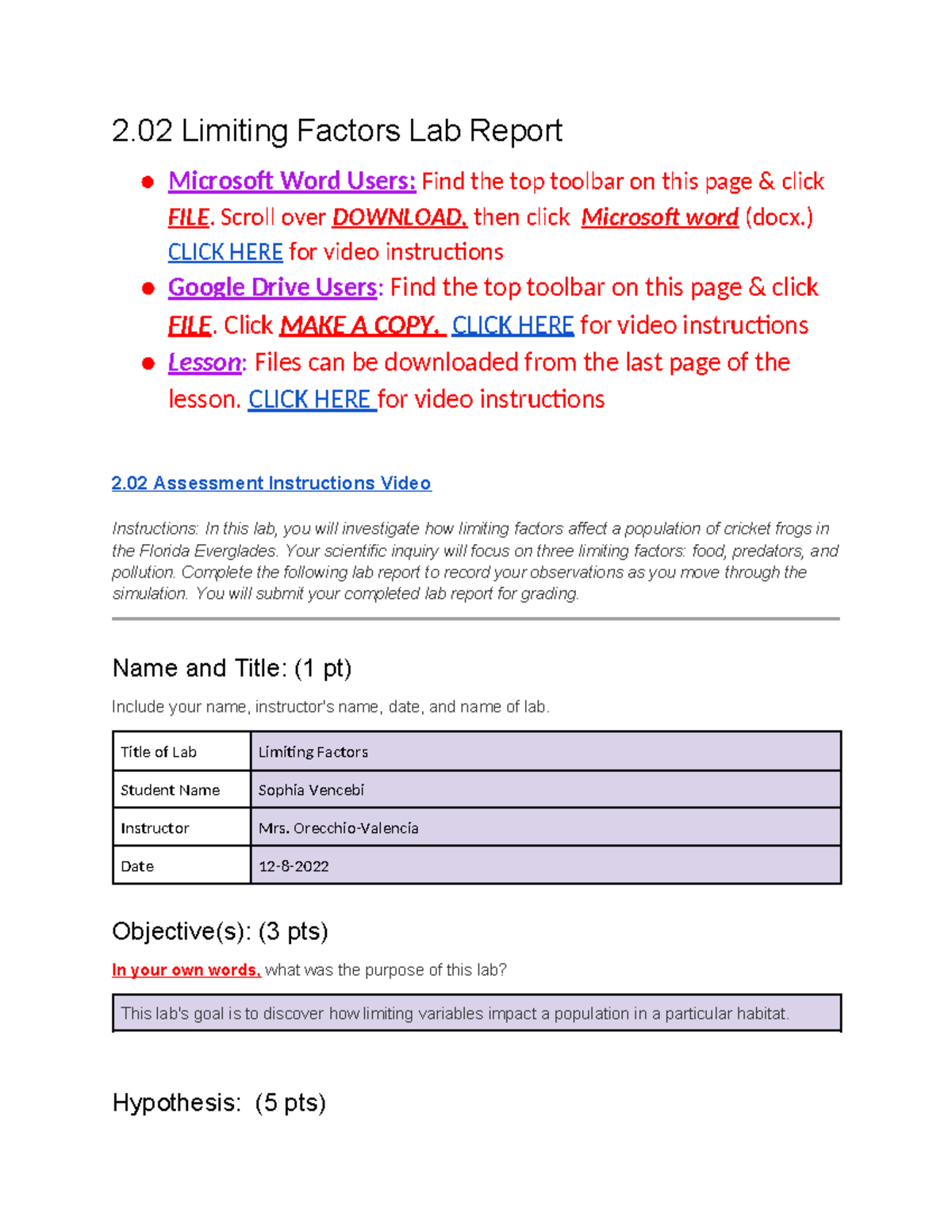 Limiting Factors Lab Report for FLVS Sci2 2.02 - Studocu