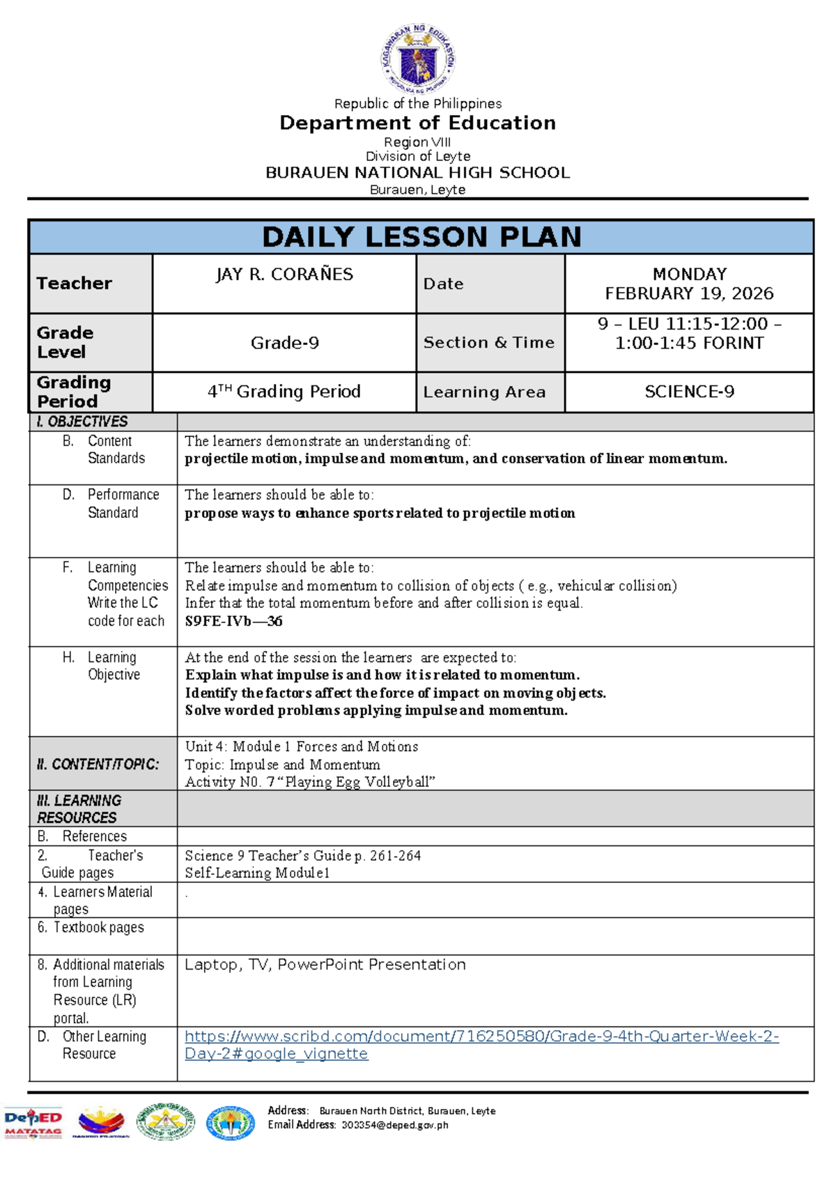 Unit 4: Impulse and Momentum Daily Lesson Plan for 4th Grading Period ...