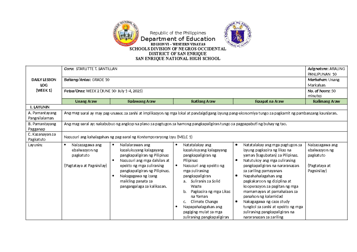 AP10 DLL QTR1 WK2 - Daily Lesson Log for Araling Panlipunan 10 - Studocu