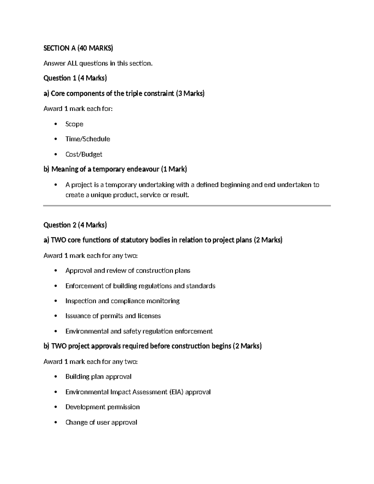 MGT 101: Project Management Exam Marking Scheme (Section A & B) - Studocu