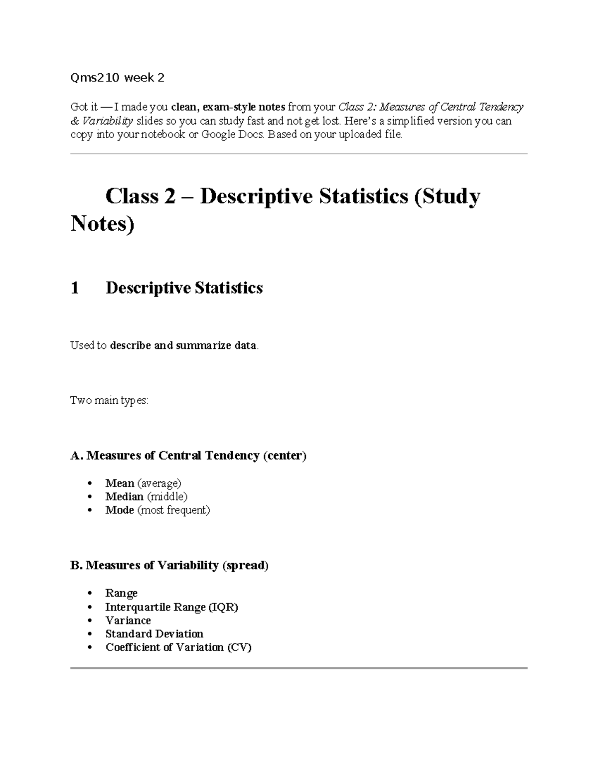 QMS210 Week 2 Class 2: Descriptive Stats Study Notes - Studocu