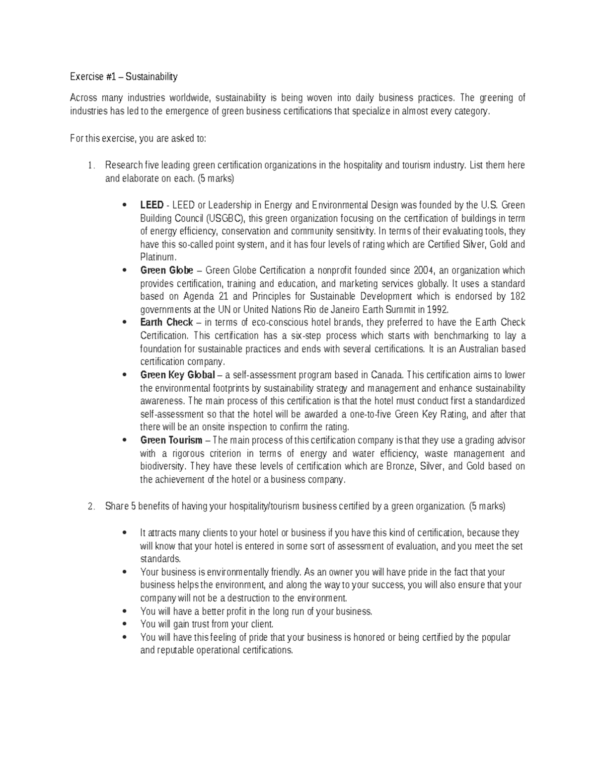 SUST 101: Exercise on Green Certifications in Hospitality & Tourism ...