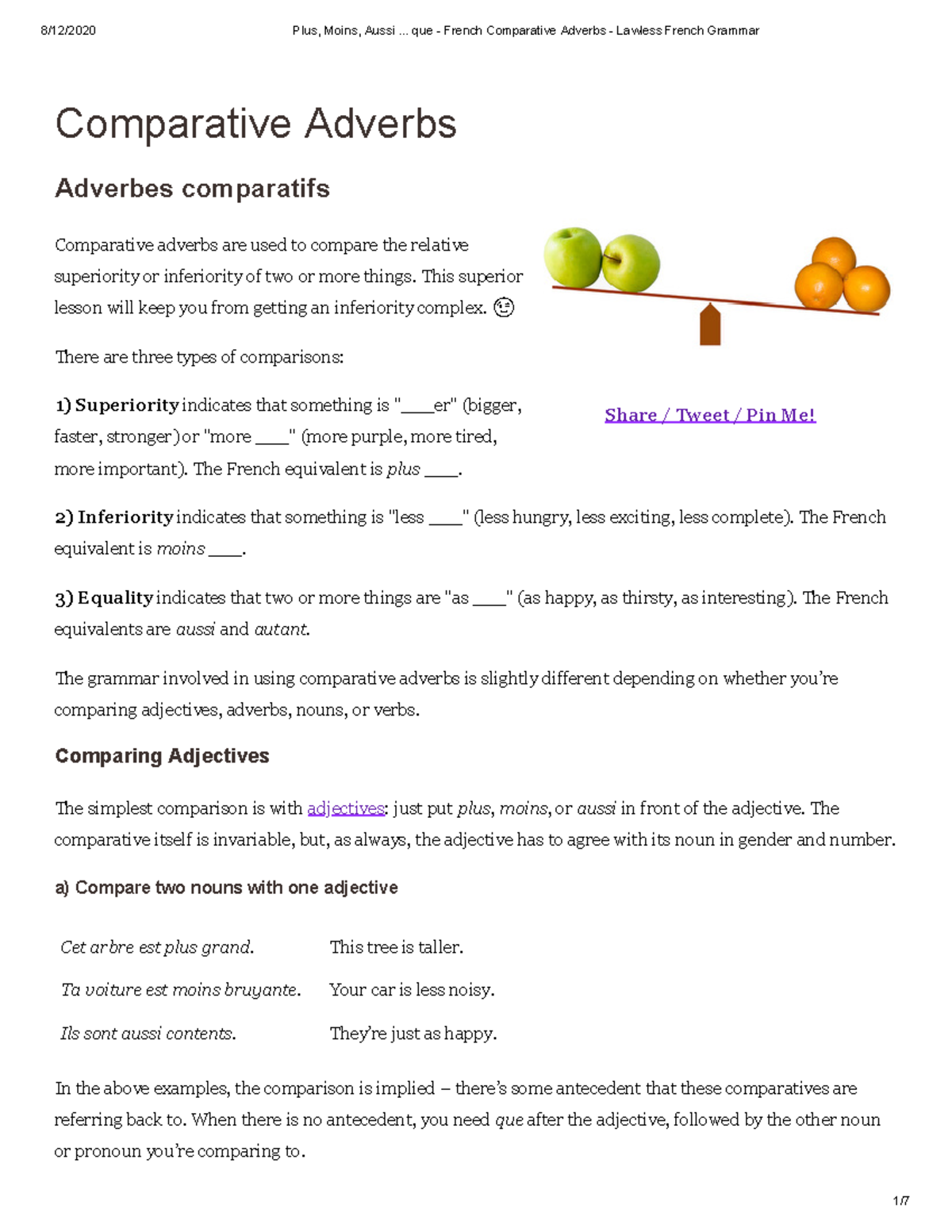 Comparing French Adverbs: Plus, Moins, Aussi - French 12-13 - Studocu