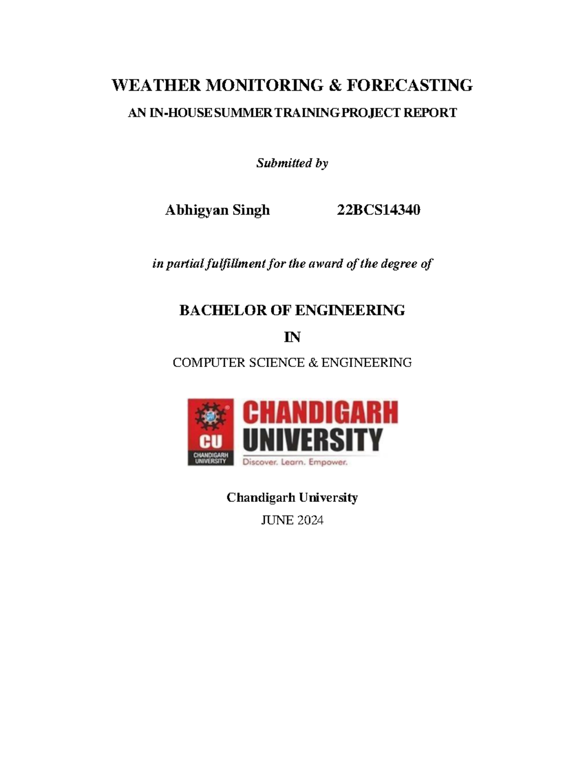 WEATHER MONITORING & FORECASTING PROJECT REPORT (22BCS14340) - Studocu