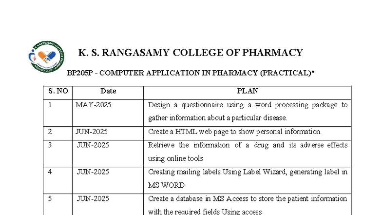 BP205P Computer Applications in Pharmacy: Practical Course Plan - Studocu