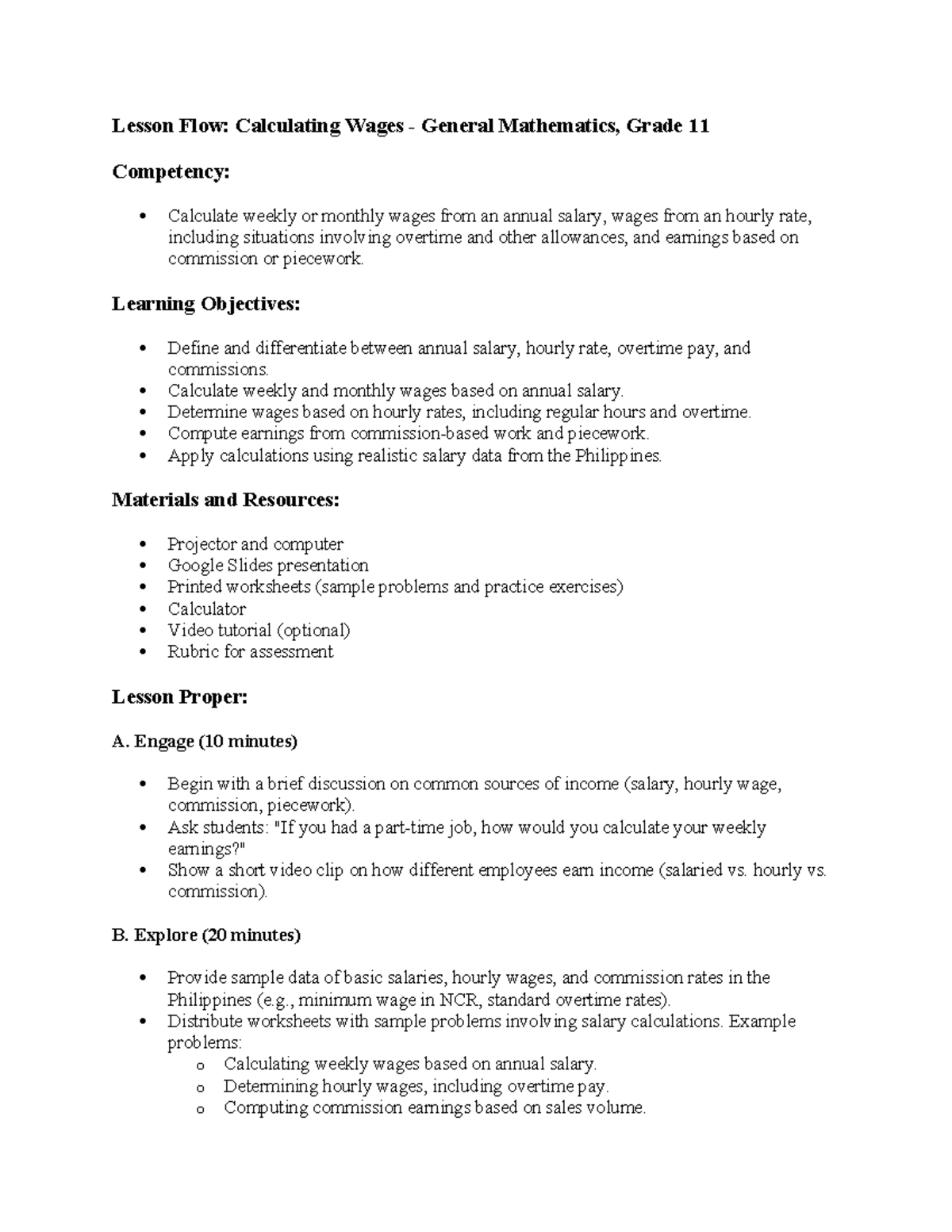 Lesson Flow: Calculating Wages in General Mathematics, Grade 11 - Studocu