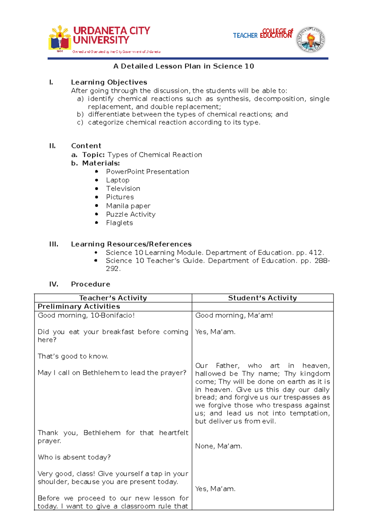 Detailed Lesson Plan for Science 10: Types of Chemical Reactions - Studocu
