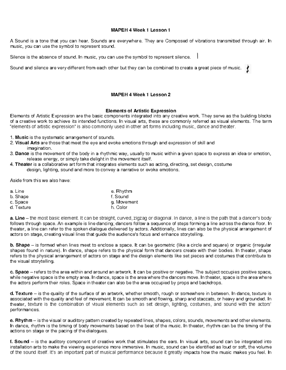Mapeh-4-Notes-1st-Trimester - MAPEH 4 Week 1 Lesson 1 A Sound is a tone ...